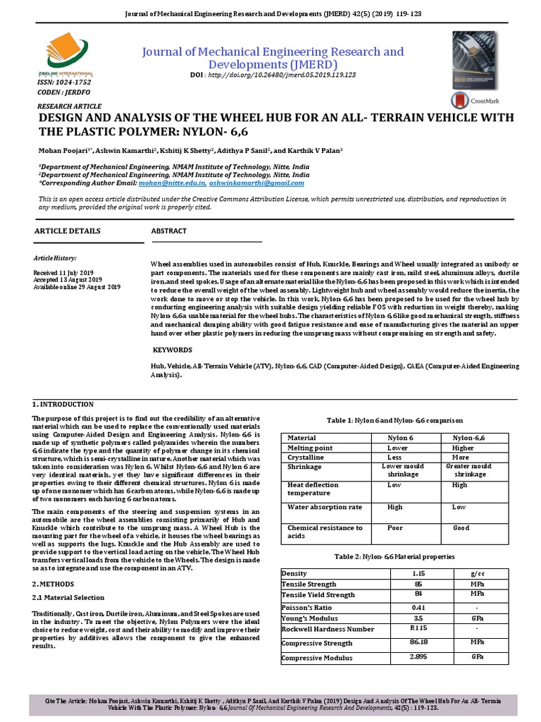 Design and Analysis of The Wheel Hub For An All - T | PDF | Nylon ...