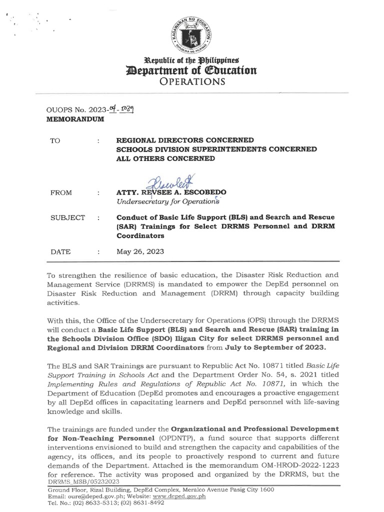 OUOPS Memo 2023-04-5039 BLS SAR Training For Select DRRM Coordinators 20230601 | PDF