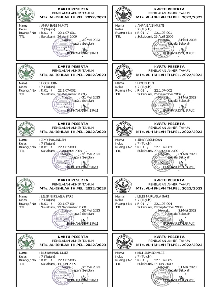 Contoh format kartu ulangan | PDF