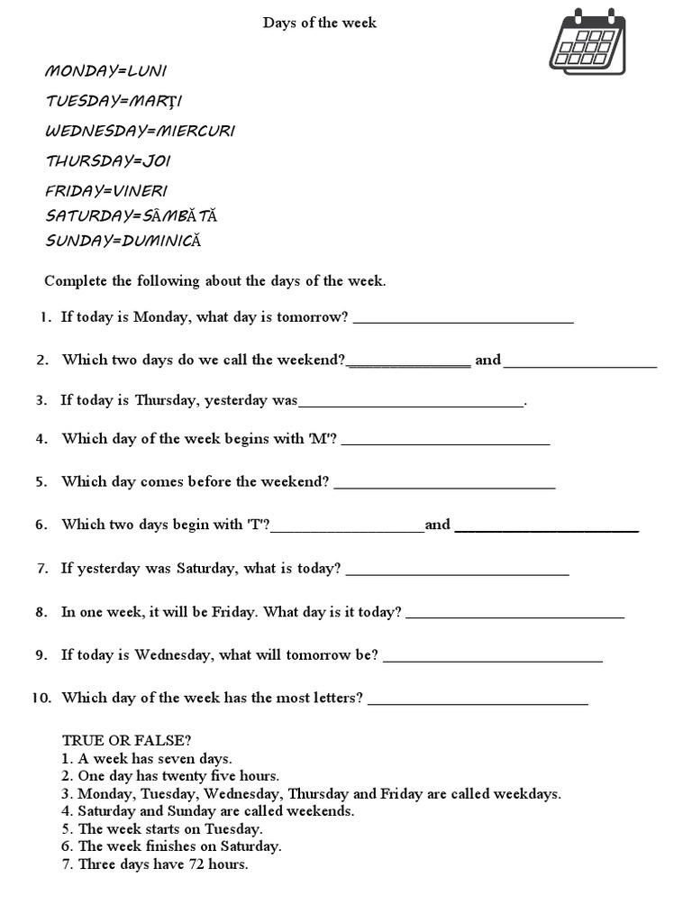 Days of The Week Fun Activities Games Reading Comprehension Exercis ...