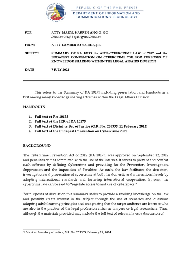 Summary of RA 10175 | PDF | Defamation | Criminal Law