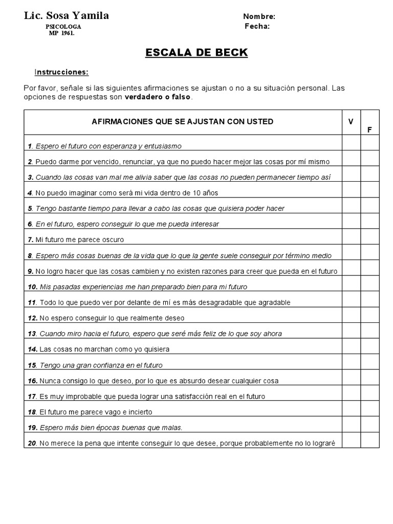 Escala de Beck - Desesperanza para Completar | PDF