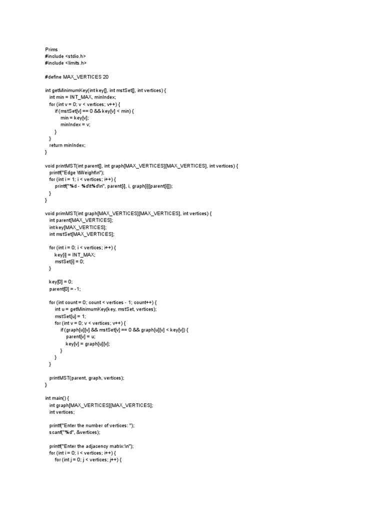Prim's Algorithm Implementation in C | PDF | Computers