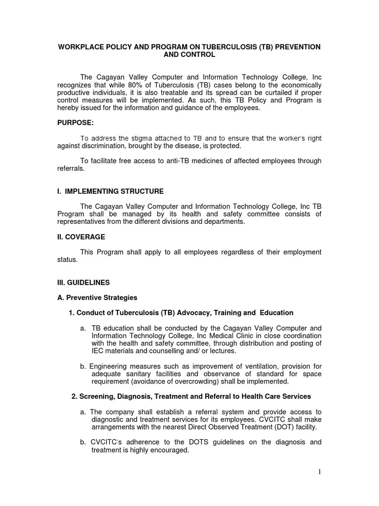 CVCITC TB - Workplace - Policy - Program | PDF | Employment | Tuberculosis