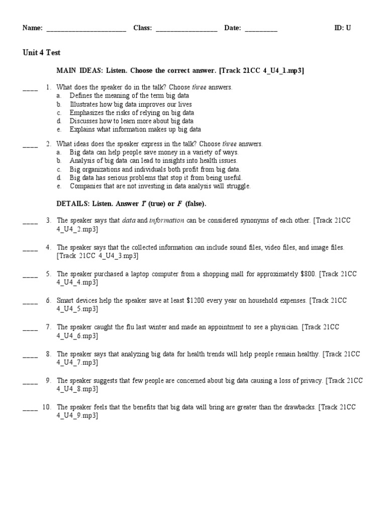 21cc l4 U4 Test | PDF | Big Data | Data