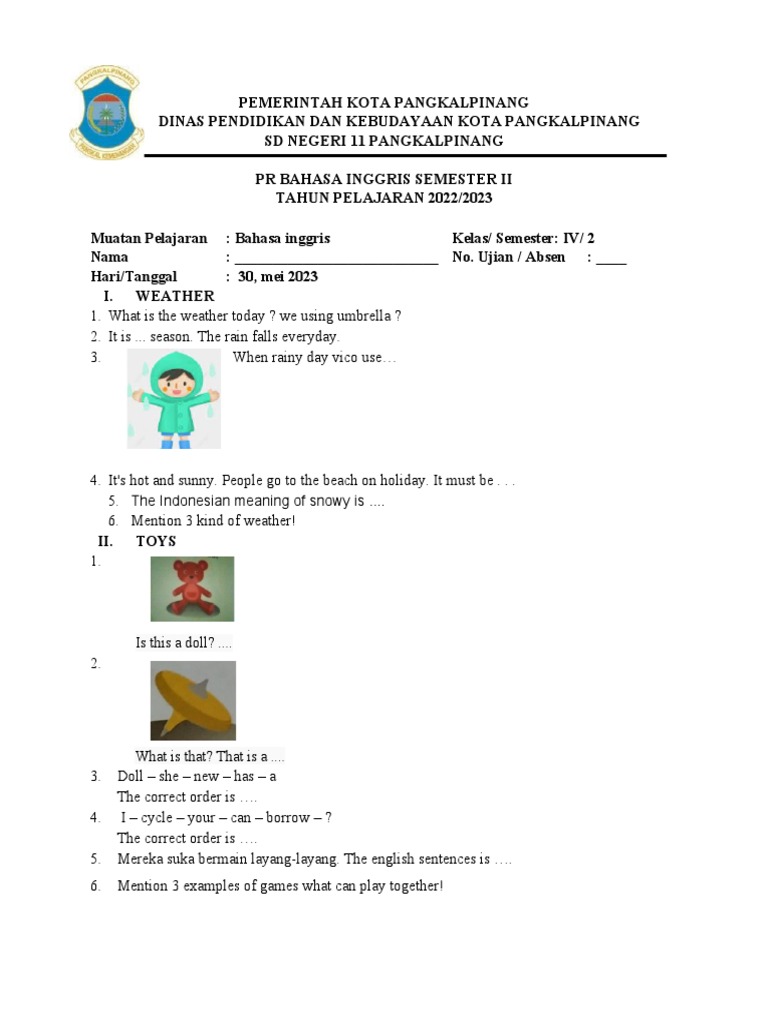 PR Bahasa Inggris Kelas 4 Semester 2 Toys and Weather | PDF