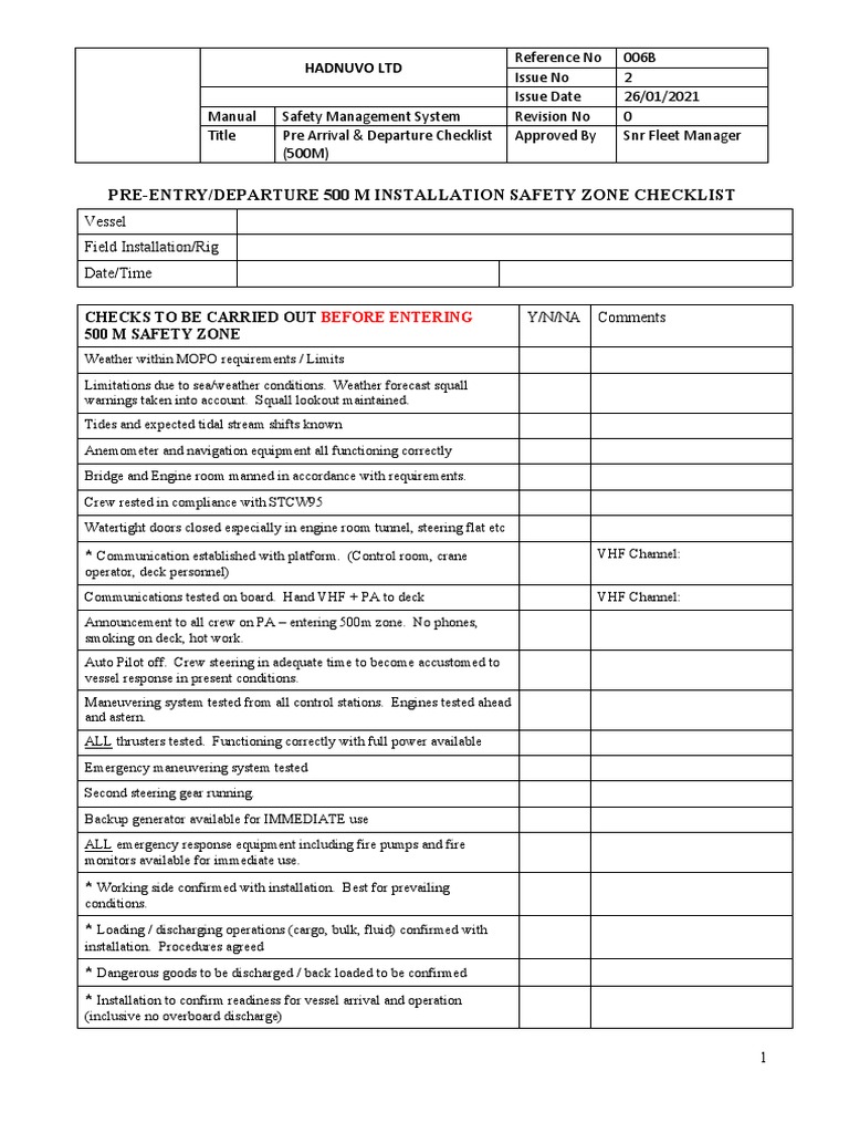 SMS 006B PRE ARRIVAL AND DEPARTURE CHECKLIST-500Mrev 2 | PDF