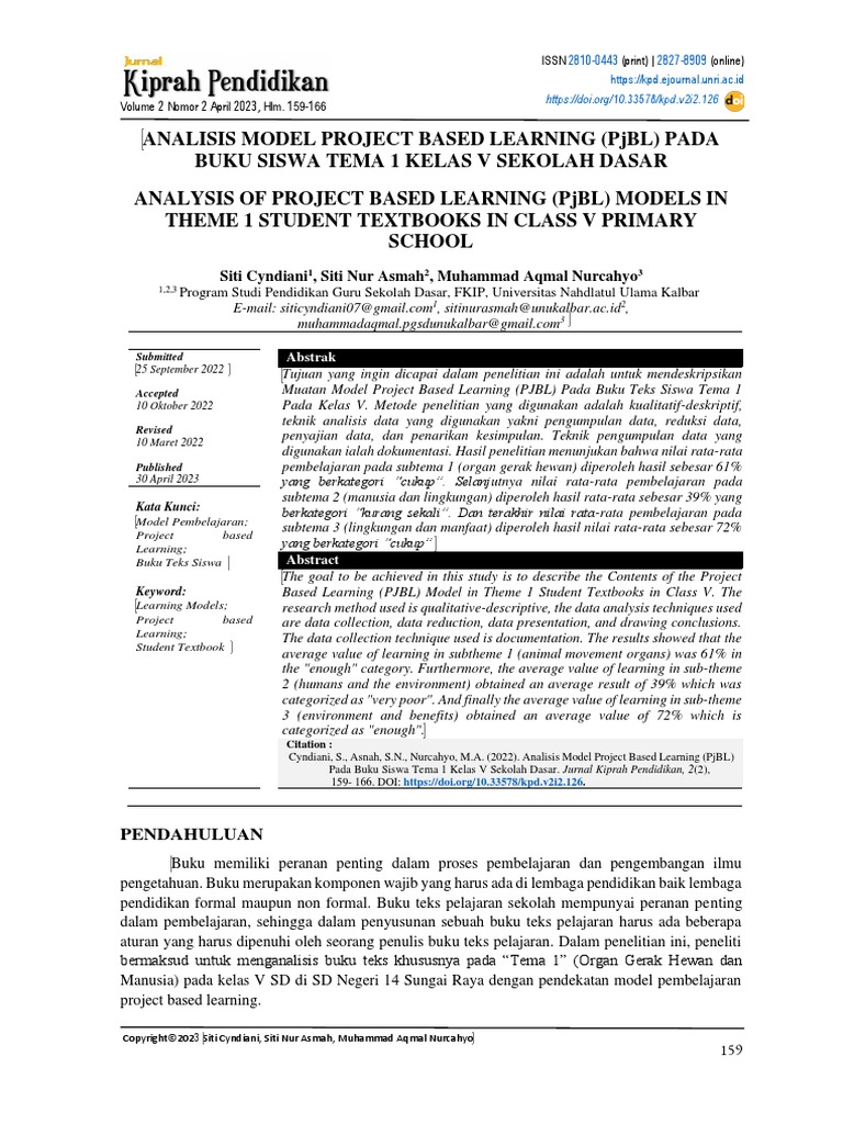 159-166 ANALISIS MODEL PROJECT BASED LEARNING (PJBL) PADABUKU SISWA TEMA 1 KELAS V SEKOLAH DASAR ...