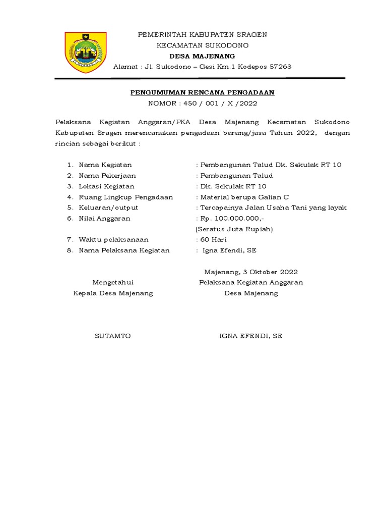 Pengumuman Rencana Pengadaan | PDF