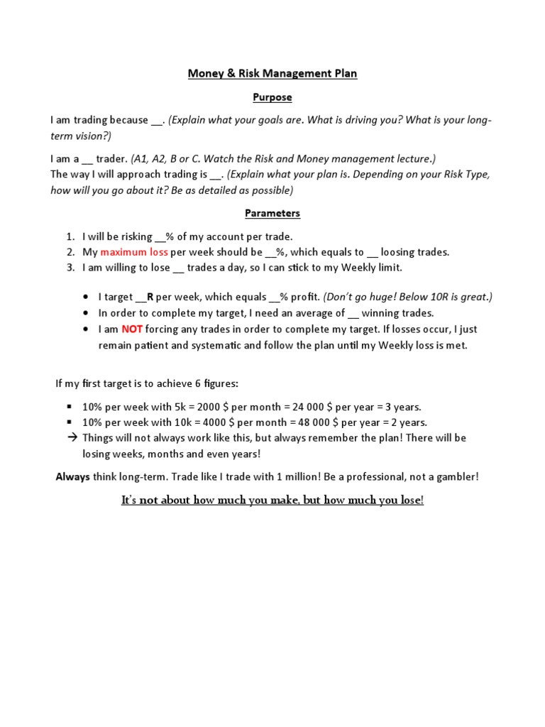 Money & Risk Management Plan: Purpose | PDF