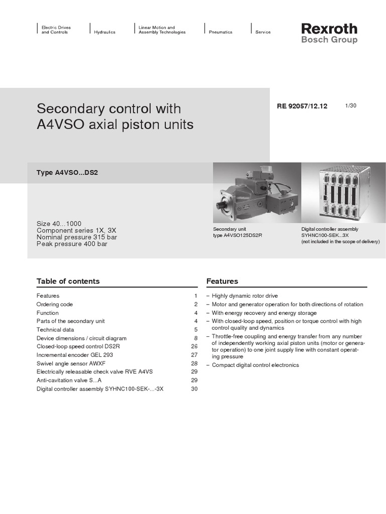 Secondary Control With A4VSO Axial Piston Units | PDF | Pump | Electric ...