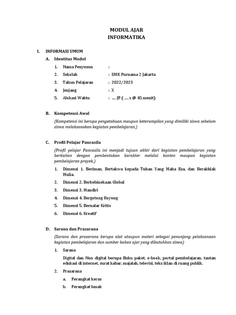 Format Penulisan Modul Ajar | PDF