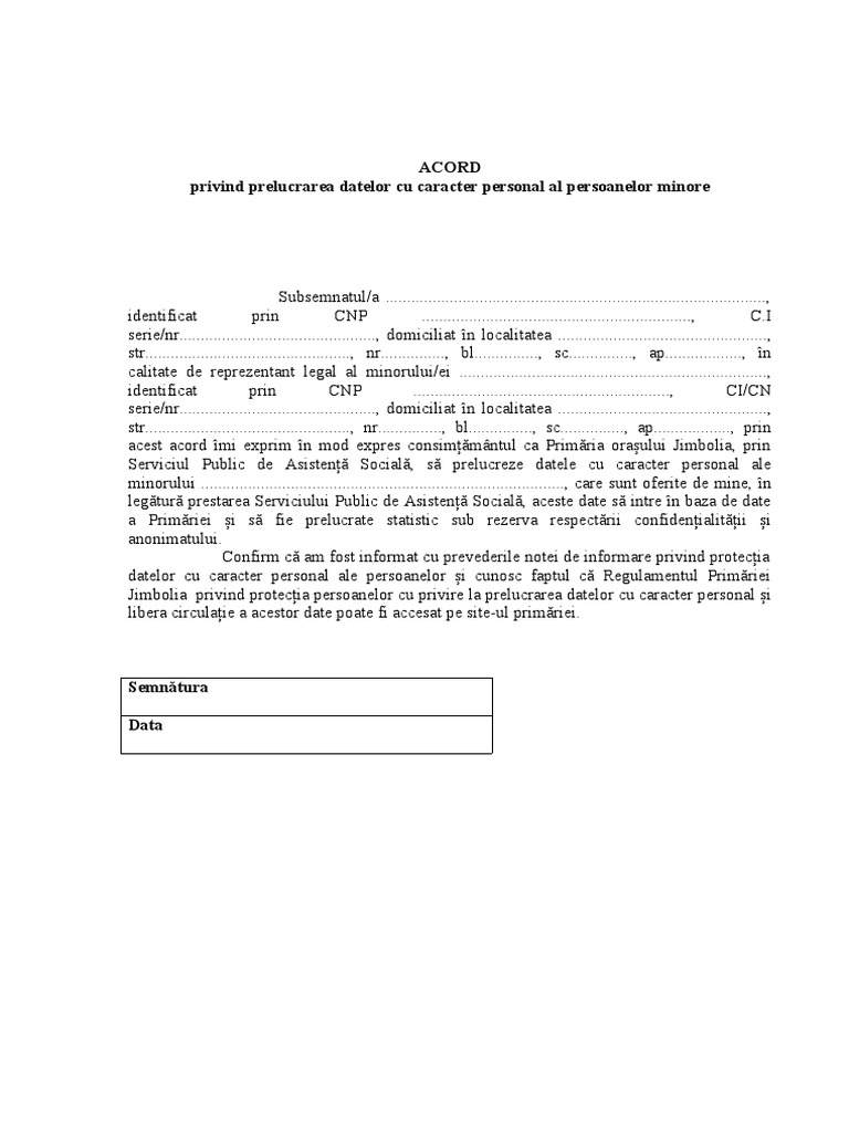 Acord Prelucrare Date Personale - Pentru Minori | PDF