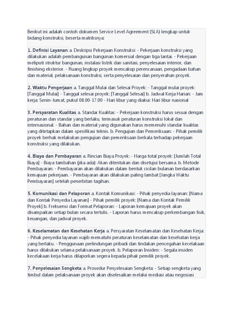 Contoh Dokumen SLA Konstruksi | PDF