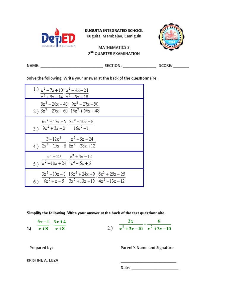 Math 8 2nd Quarter Exam Kuguita School | PDF