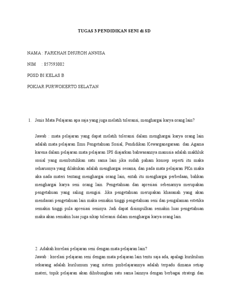 Tugas 3 Pendidikan Seni Di SD | PDF