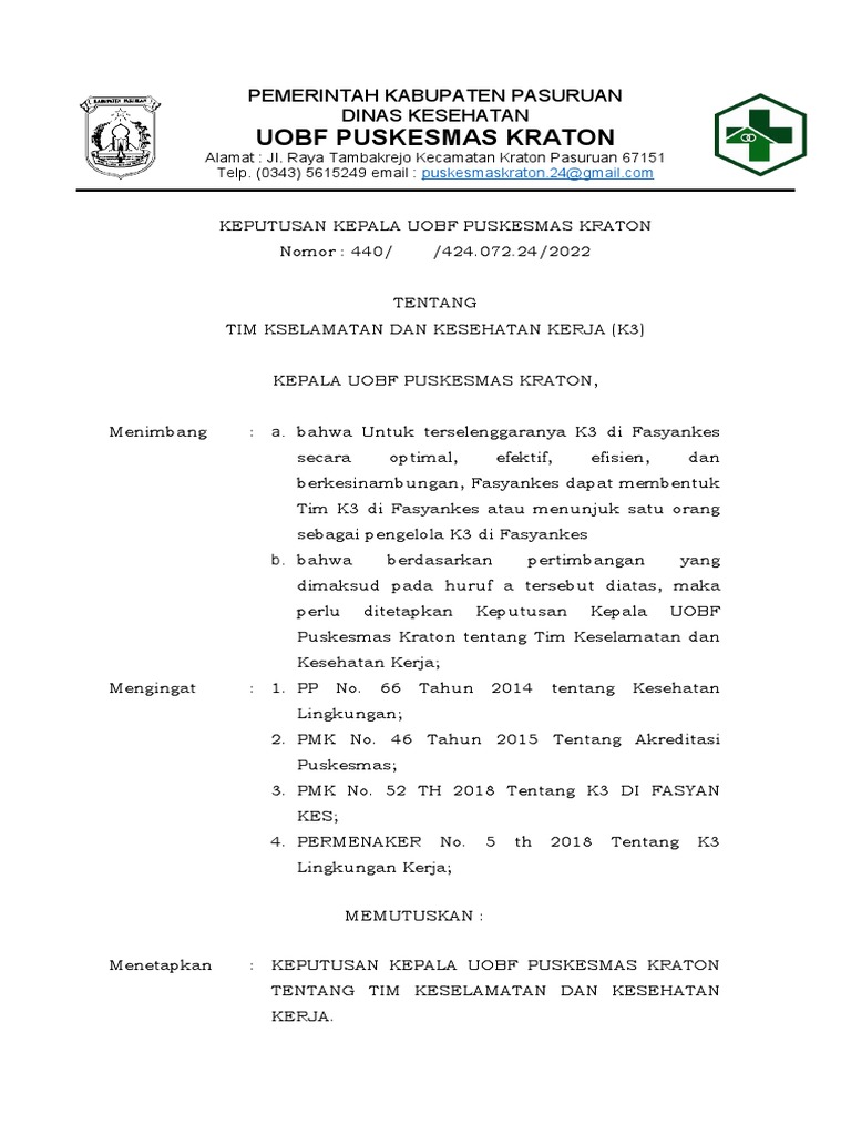 Tim K3 Puskesmas Kraton Pasuruan | PDF | Kesehatan Holistik