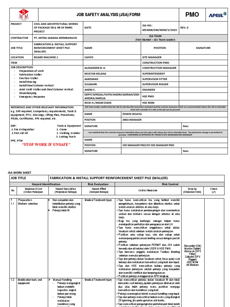 Job Safety Analysis for Sheet Pile Work | PDF | Industrial Processes ...