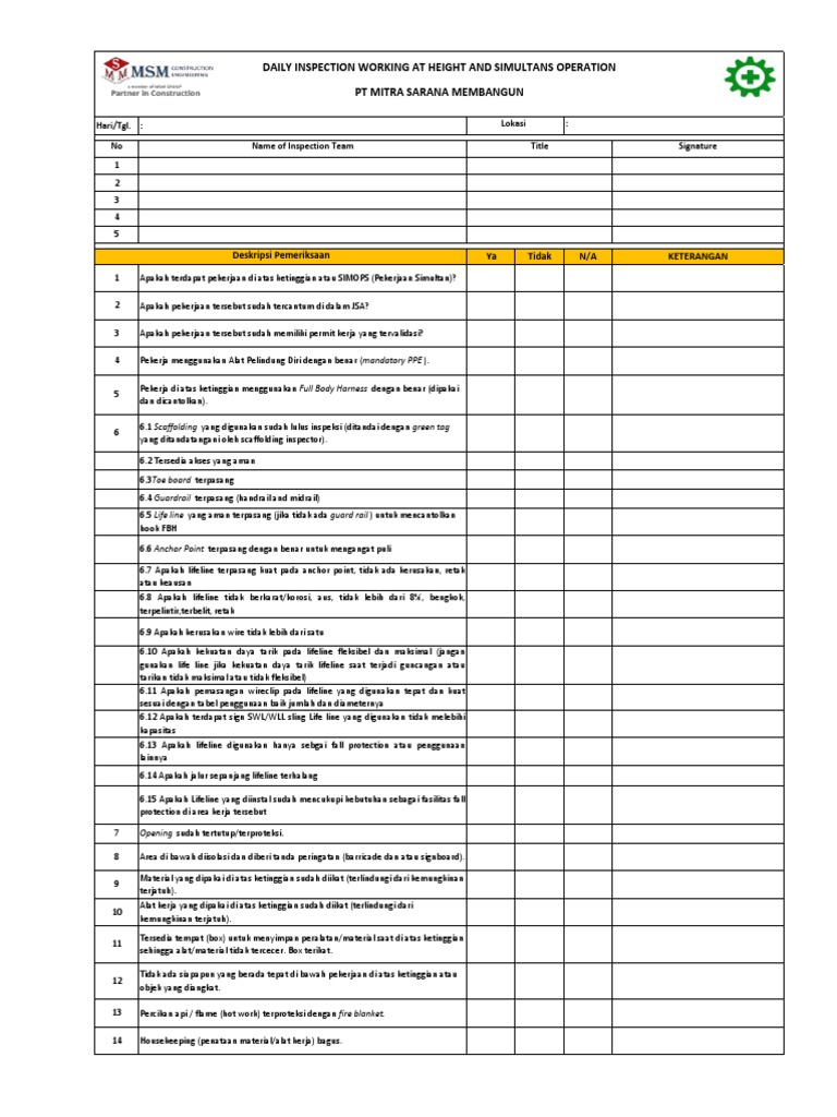 Inspeksi Harian Pekerjaan Tinggi dan SIMOPS | PDF