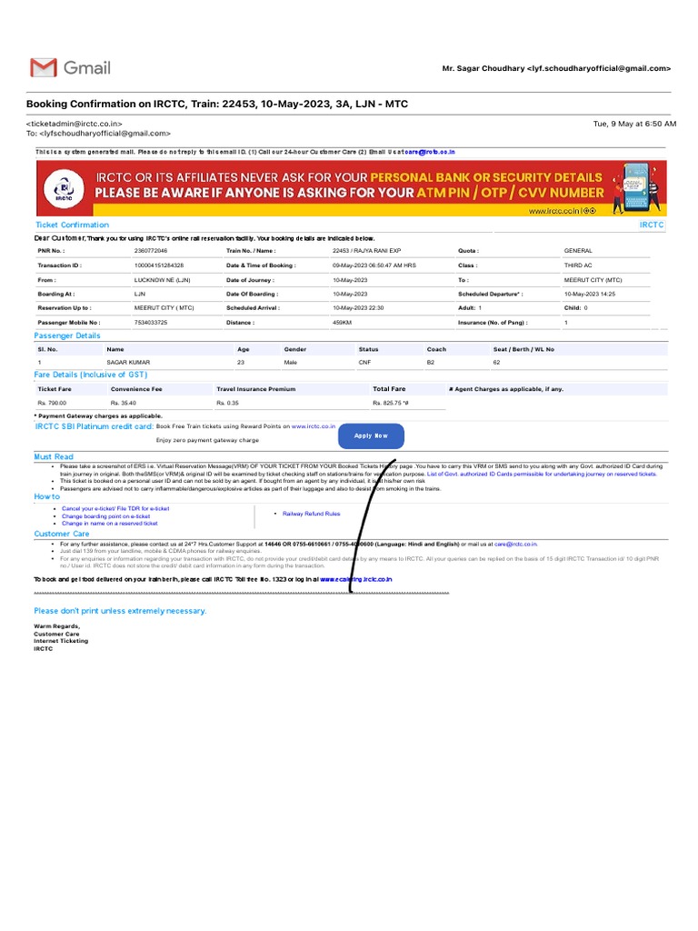 Booking Confirmation On IRCTC, Train: 22453, 10-May-2023, 3A, LJN - MTC | PDF | Service Industries