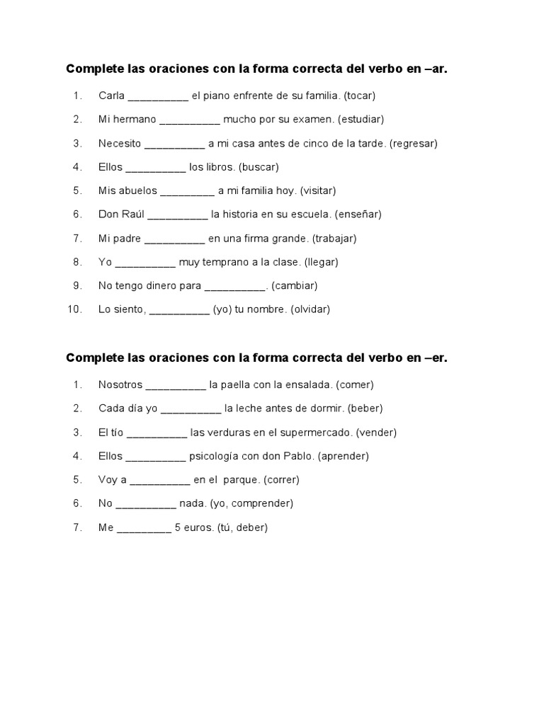 Ejercicios Verbos Regulares Y Irregulares Pdf