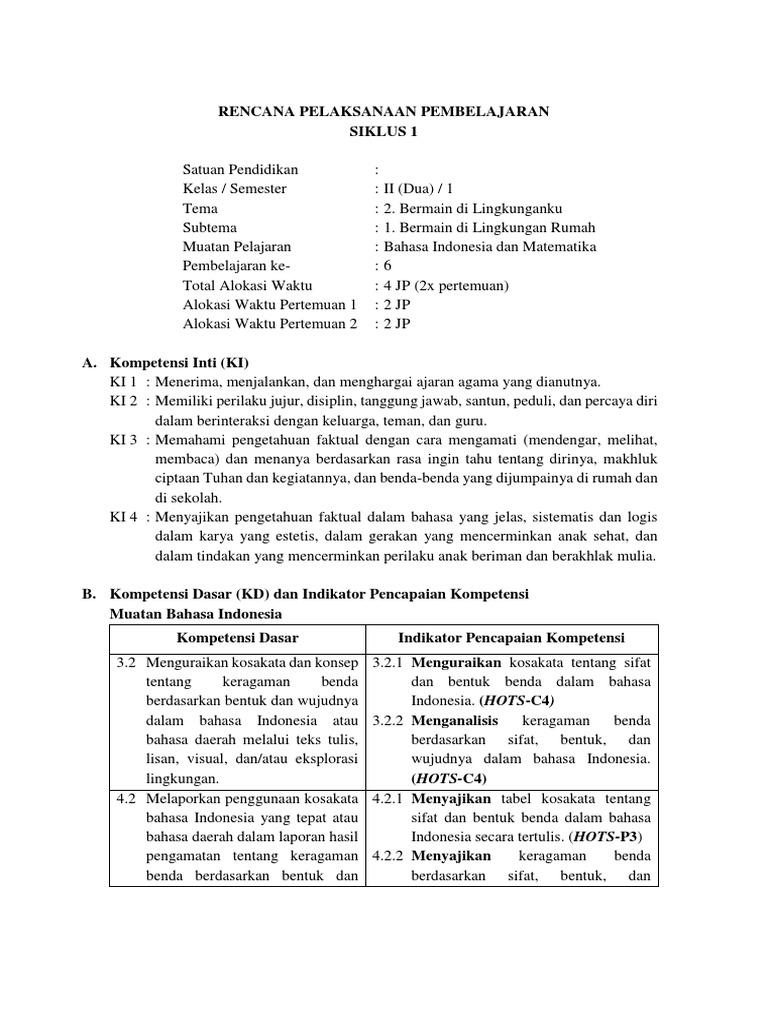 RPP Kelas 2 Tema 2 Subtema 1 | PDF