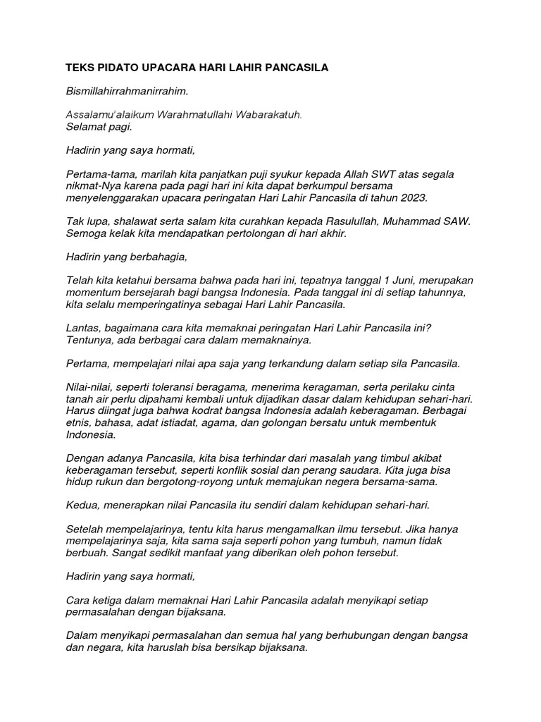 Teks Pidato Upacara Hari Lahir Pancasila - Masagipedia | PDF