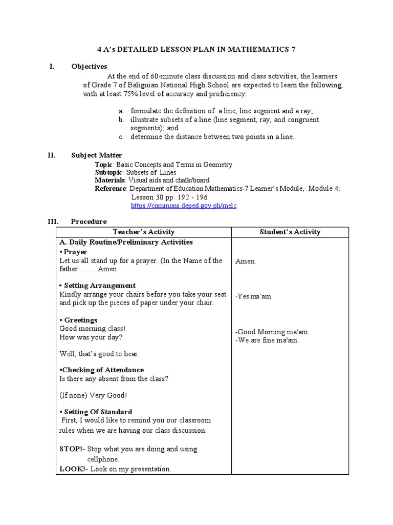 LP 4 Subsets of Lines | PDF | Lesson Plan | Geometry