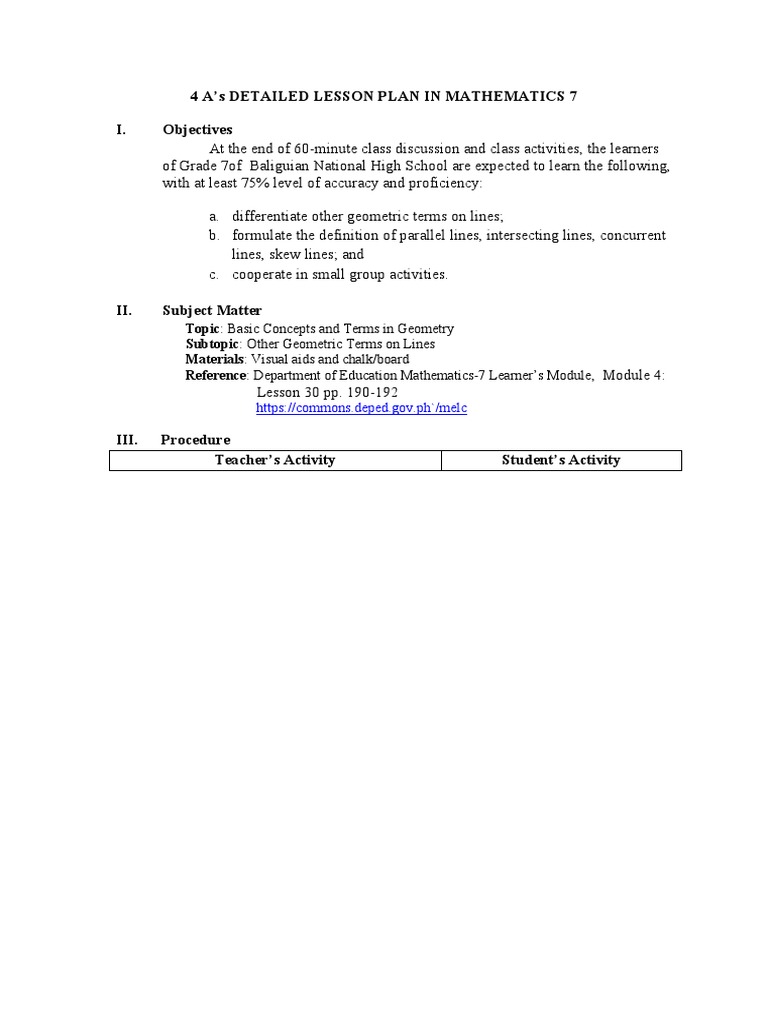 Math 7: Geometry Basics Lesson Plan | PDF | Geometry | Lesson Plan