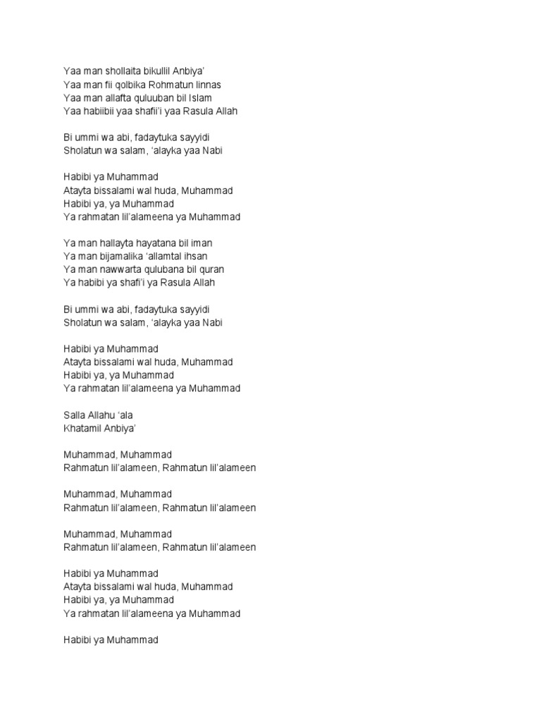 Yaa Man Shollaita Bikullil Anbiya' | PDF