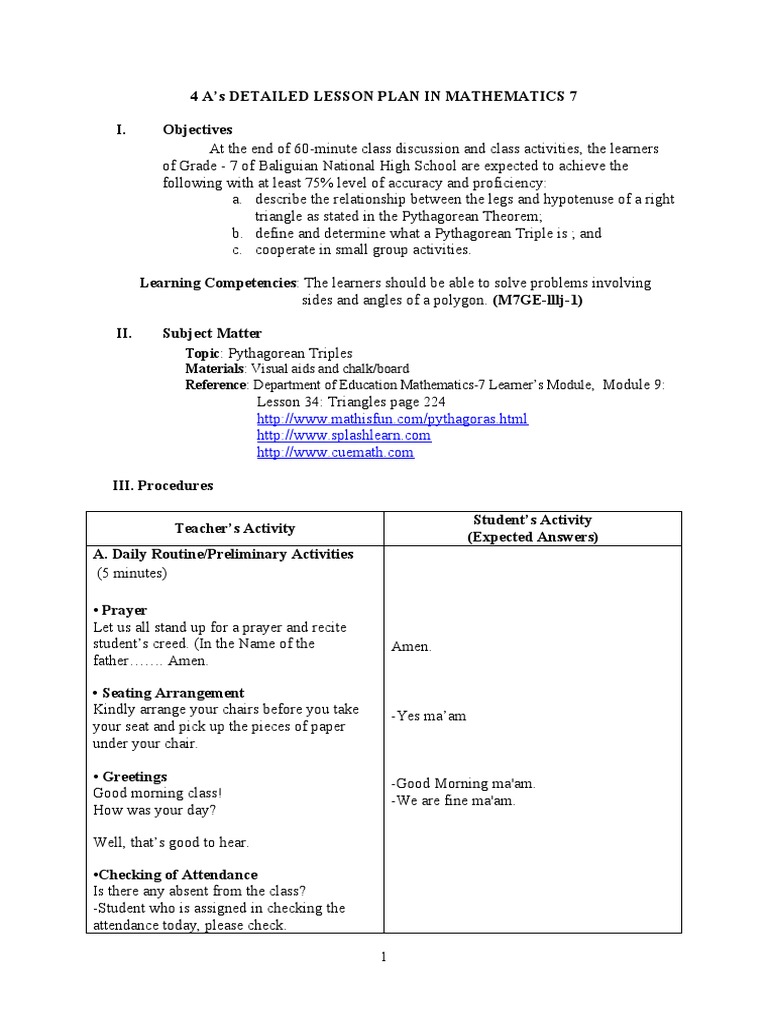 Pythagorean Triples Lesson Plan | PDF | Mathematics | Elementary ...