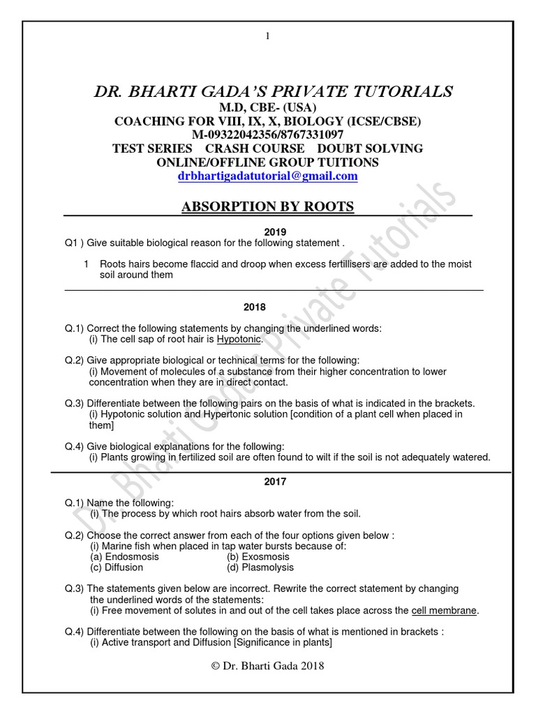 CH 4-Absorption by Roots WORKSHEET | PDF | Osmosis | Root