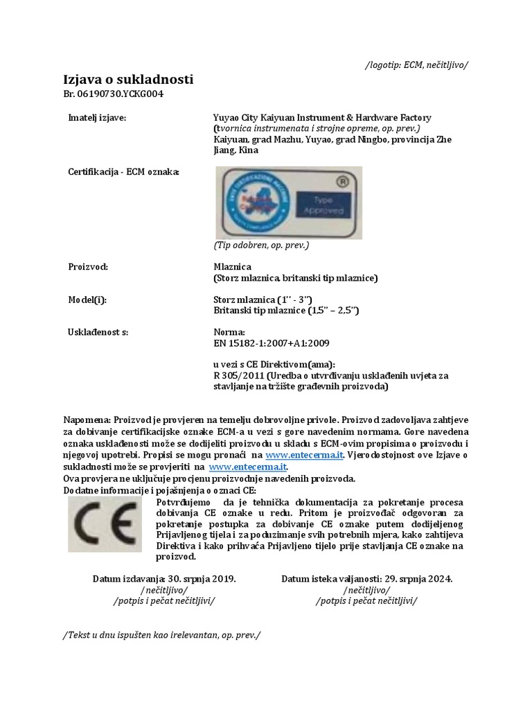 Izjava o Sukladnosti Mlaznica-Hr | PDF