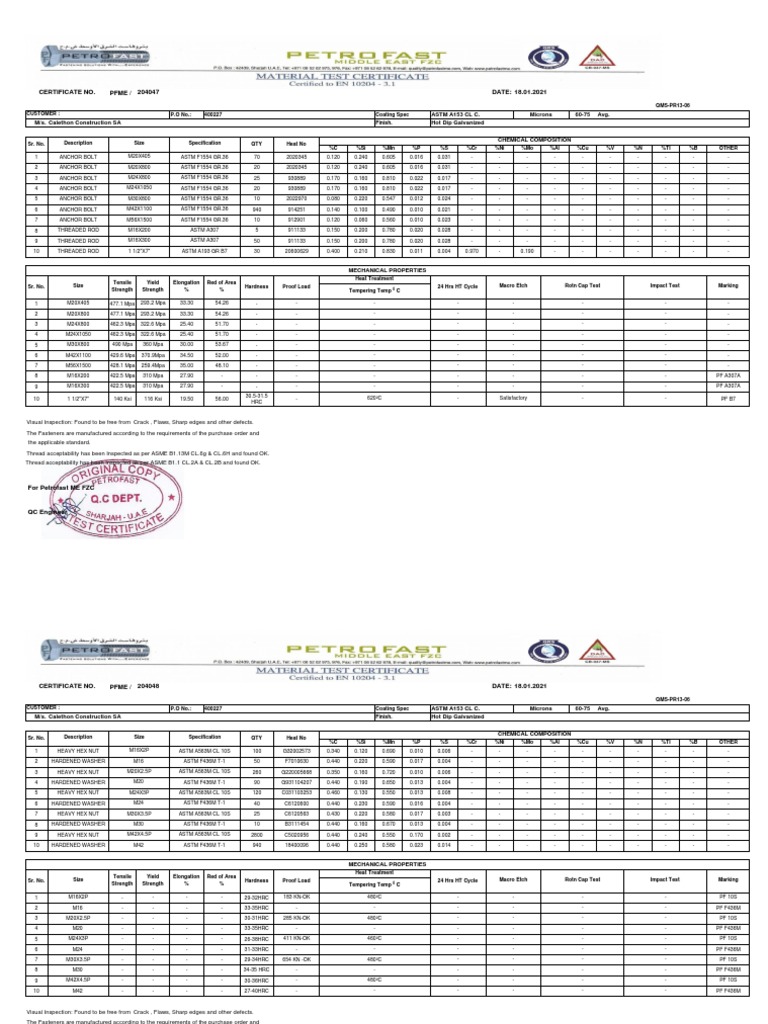 Petrofast MTC 3.1 PO-400227 Anchor Bolts - Option B | PDF
