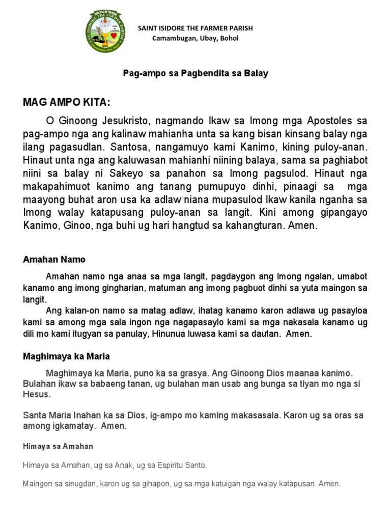 Pag Ampo Alang Sa Pagbendeta Sa Balay | PDF