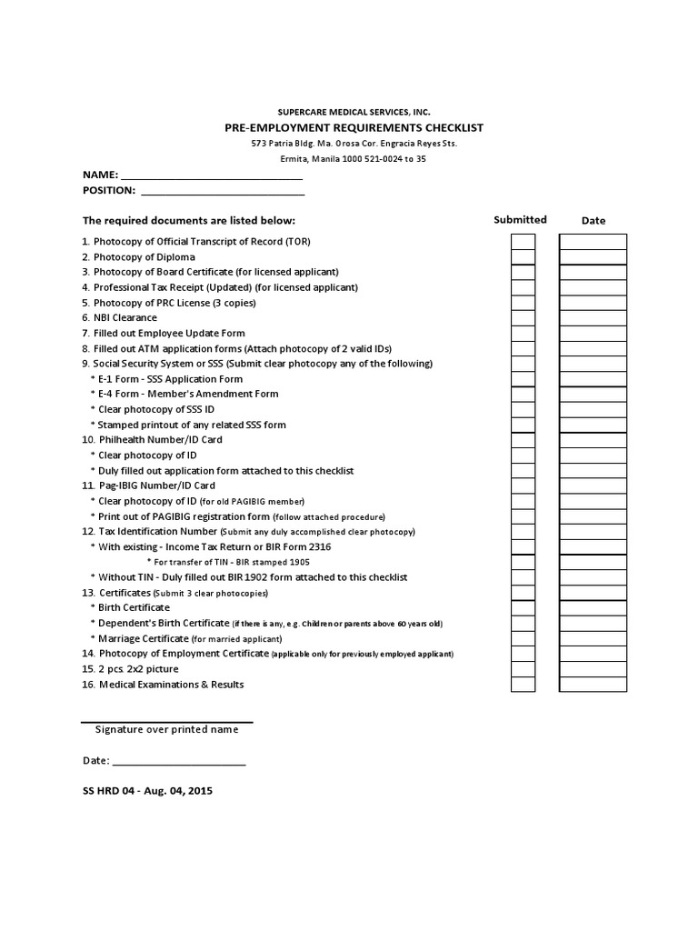 Pre-Employment Checklist | PDF