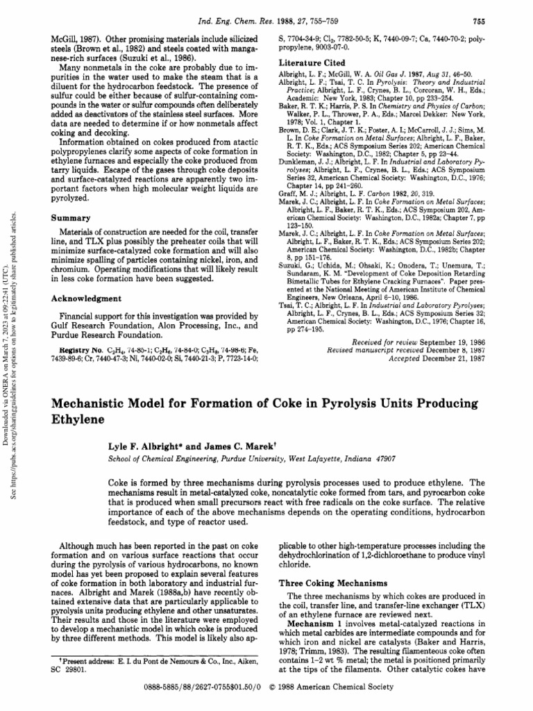 Pyrolysis Producing Ethylene: Mechanistic Model For Formation of Units ...