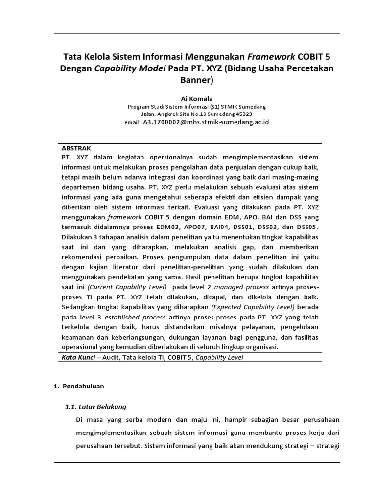 Tata Kelola Sistem Informasi Menggunakan Framework COBIT 5 Dengan Capability Model Pada PT. XYZ ...