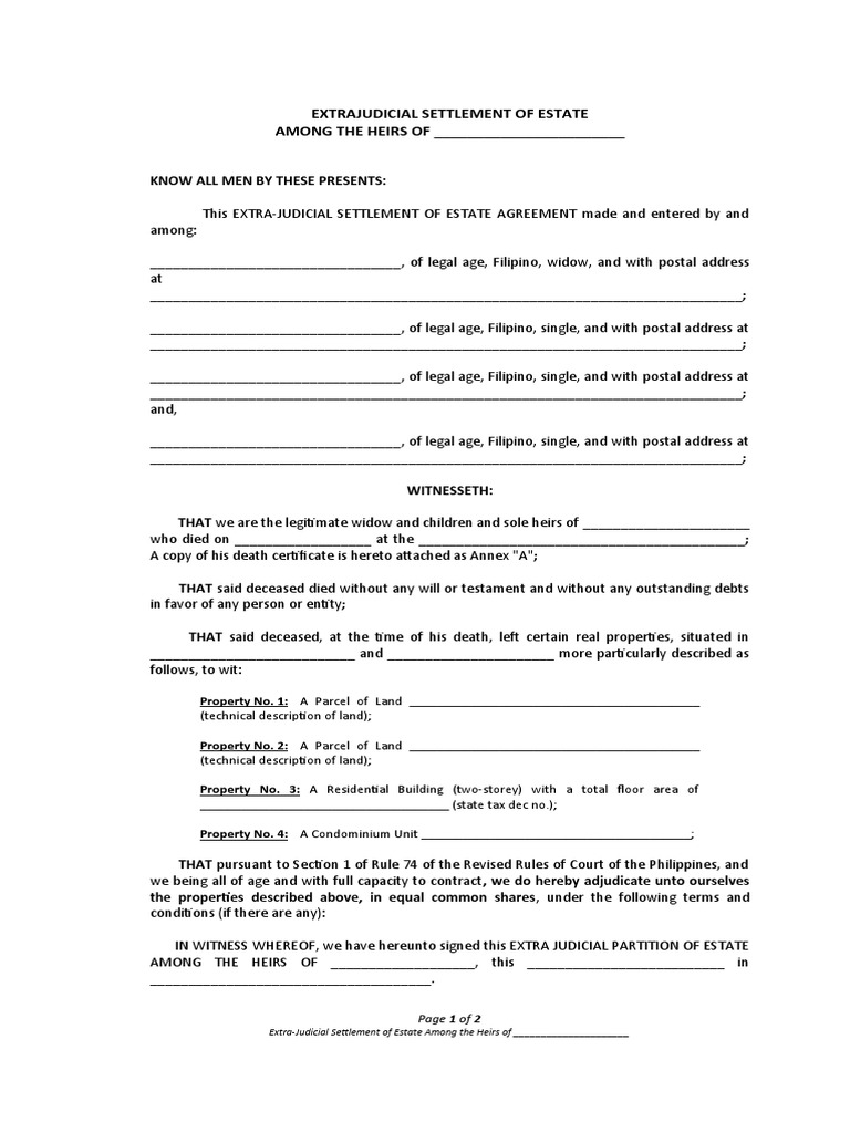 Extrajudicial Settlement of Estate Blank | PDF Extrajudicial Settlement of Estate Blank | PDF