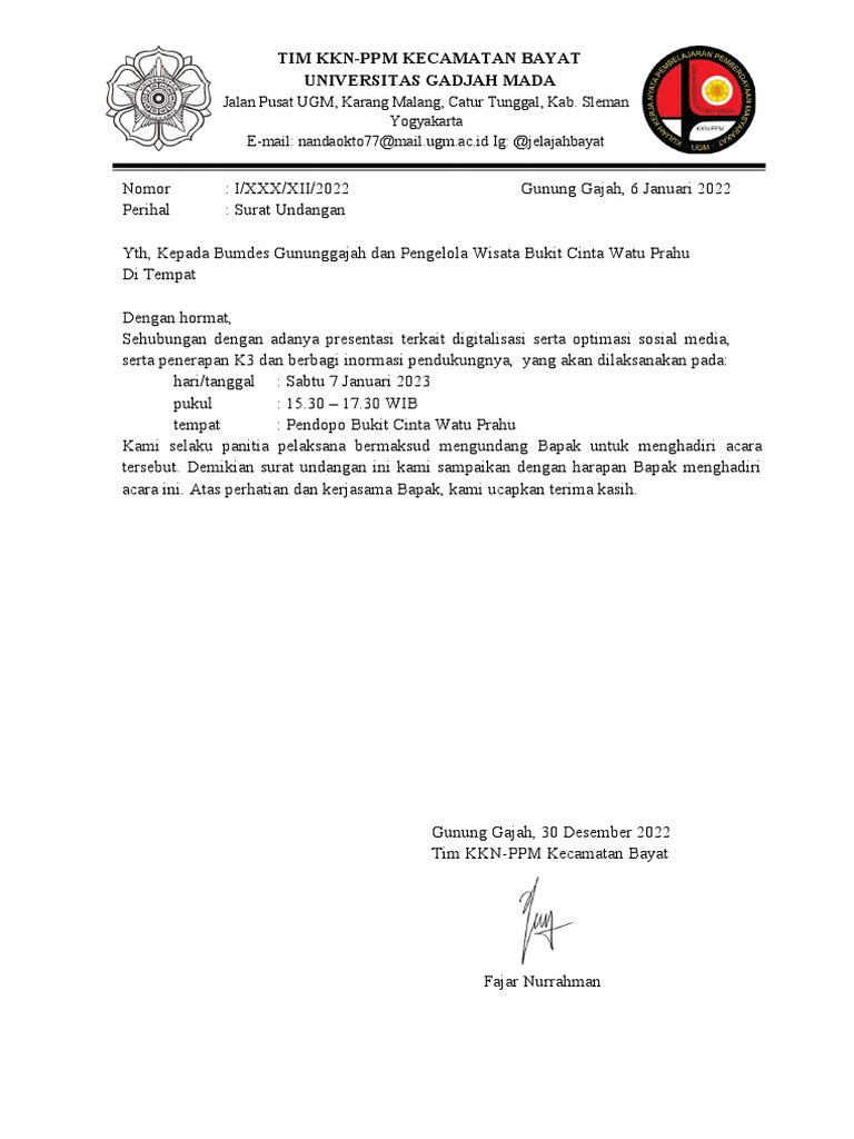 Surat Undangan Tim KKN-PPM UGM 7 Januari | PDF