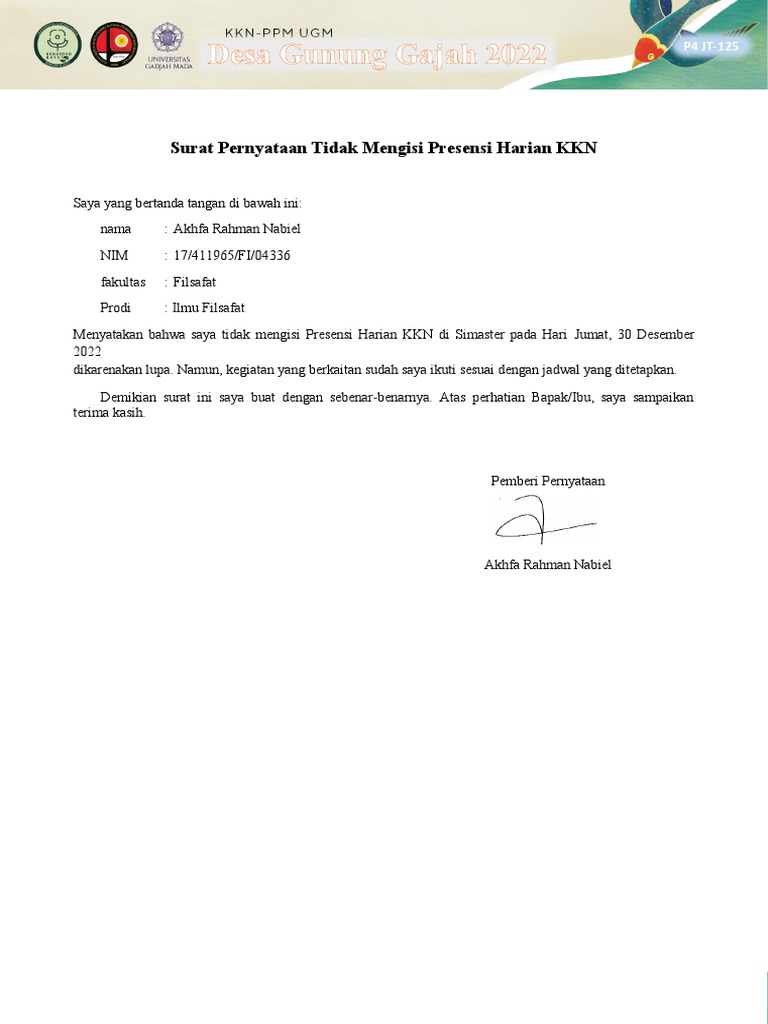 Surat Pernyataan Lupa Absen KKN | PDF