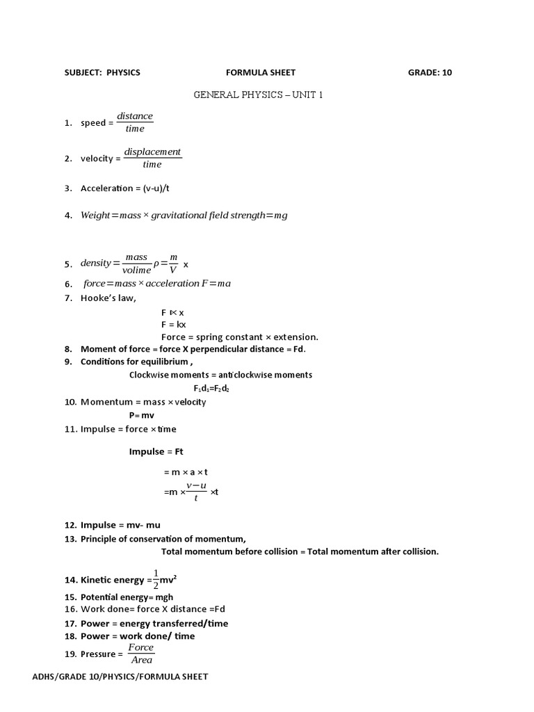 Physics Formulas | PDF | Force | Momentum