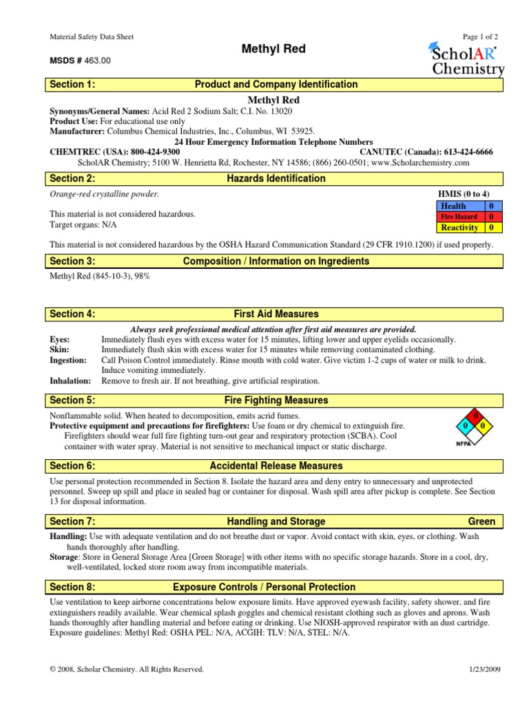 MSDS Sheets - Methyl - Red - 463 - 00 | PDF