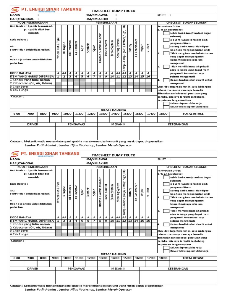 Timesheet Dump Truck dan Checklist | PDF