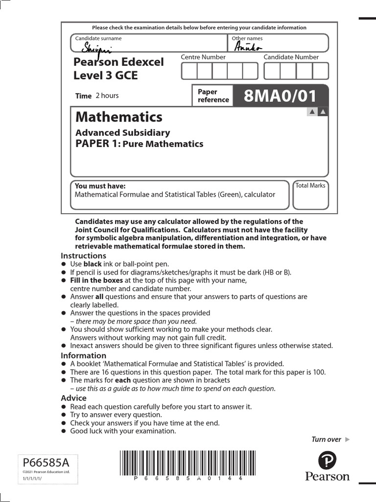 Edexcel A Level Maths Paper 1 2021 | PDF | Mathematics | Tangent