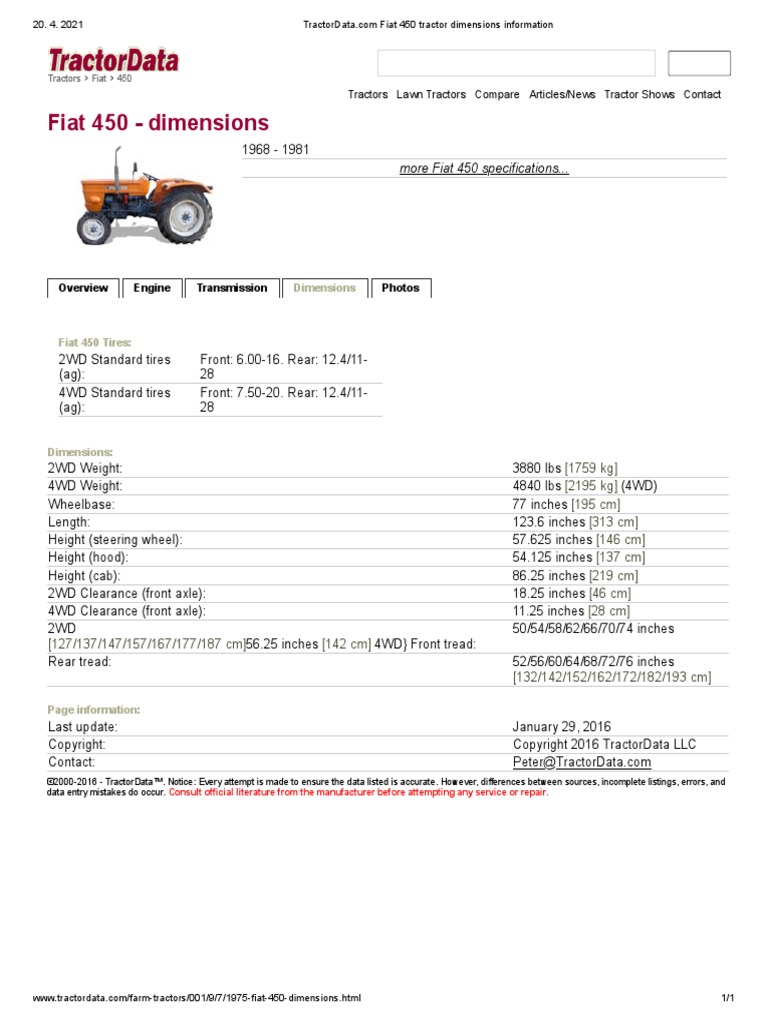 Fiat 450 Tractor Dimensions Information | PDF | Tractor | Four Wheel Drive