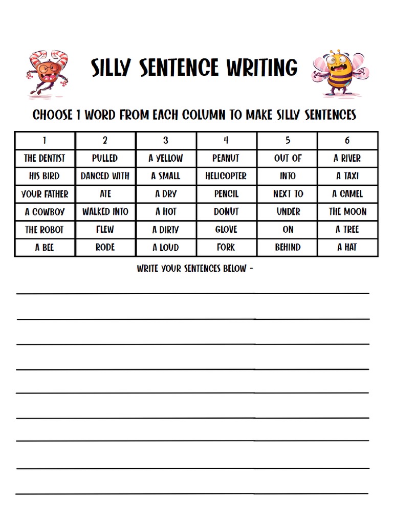 Writing Silly Sentence Worksheets 3 PDF | PDF