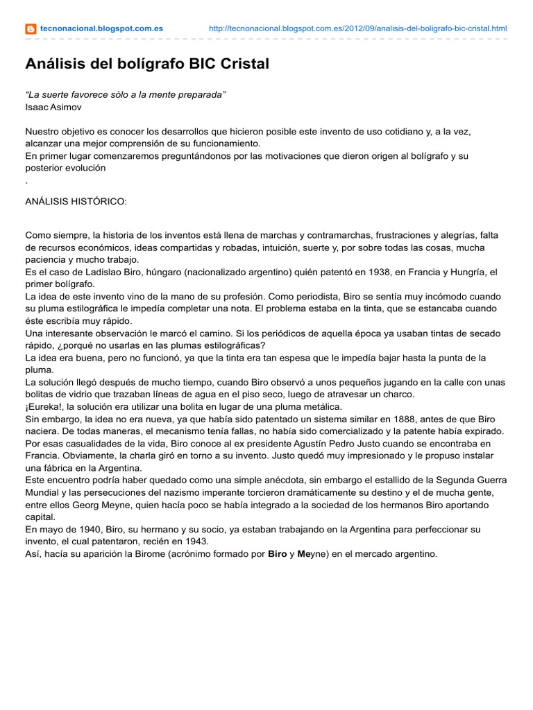Análisis Del Bolígrafo BIC Cristal | PDF
