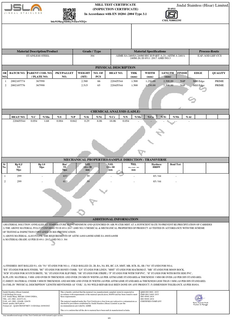 SS 304 Material Test Certificate | PDF