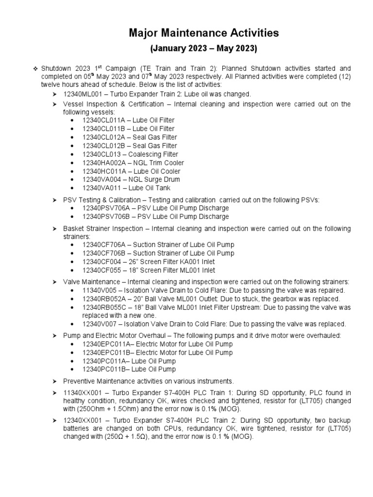 Major Maintenance Activities From January 2023 Till May 2023 Updated | PDF